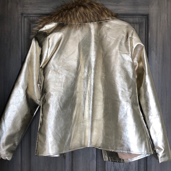 Jackets & Coats | New With Tags Gold Metallic Faux Fur Jacket Coat ...